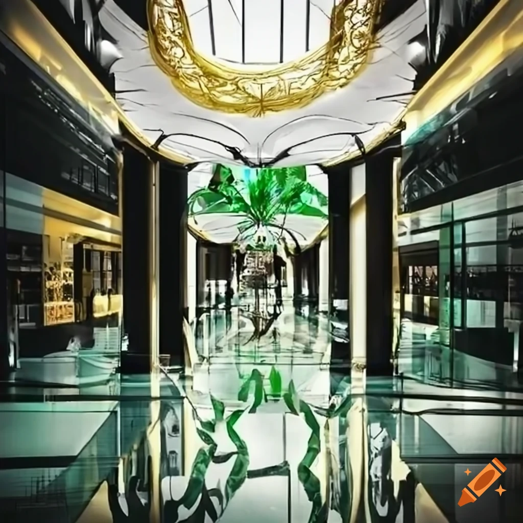 Modern and fancy mega mall in green, white, black, and gold