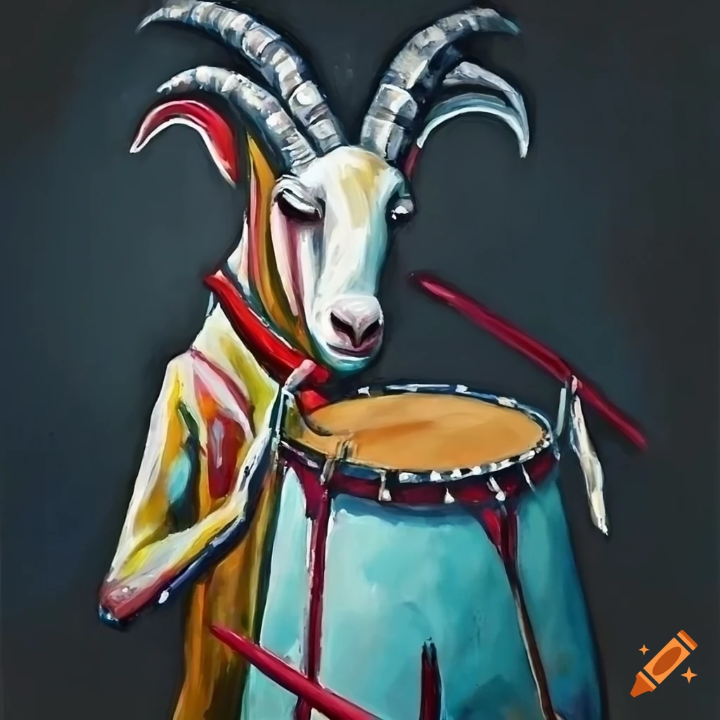 Funky painting of a drummer goat