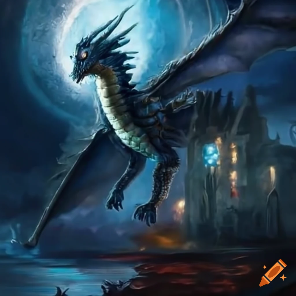 Dragon in high-tech armor against night sky