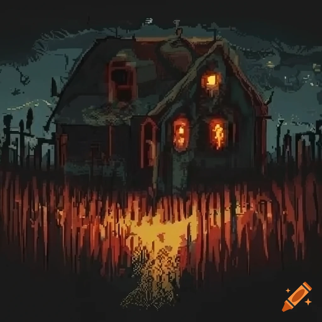 Pixel art of a scary empty cornfield at night on Craiyon