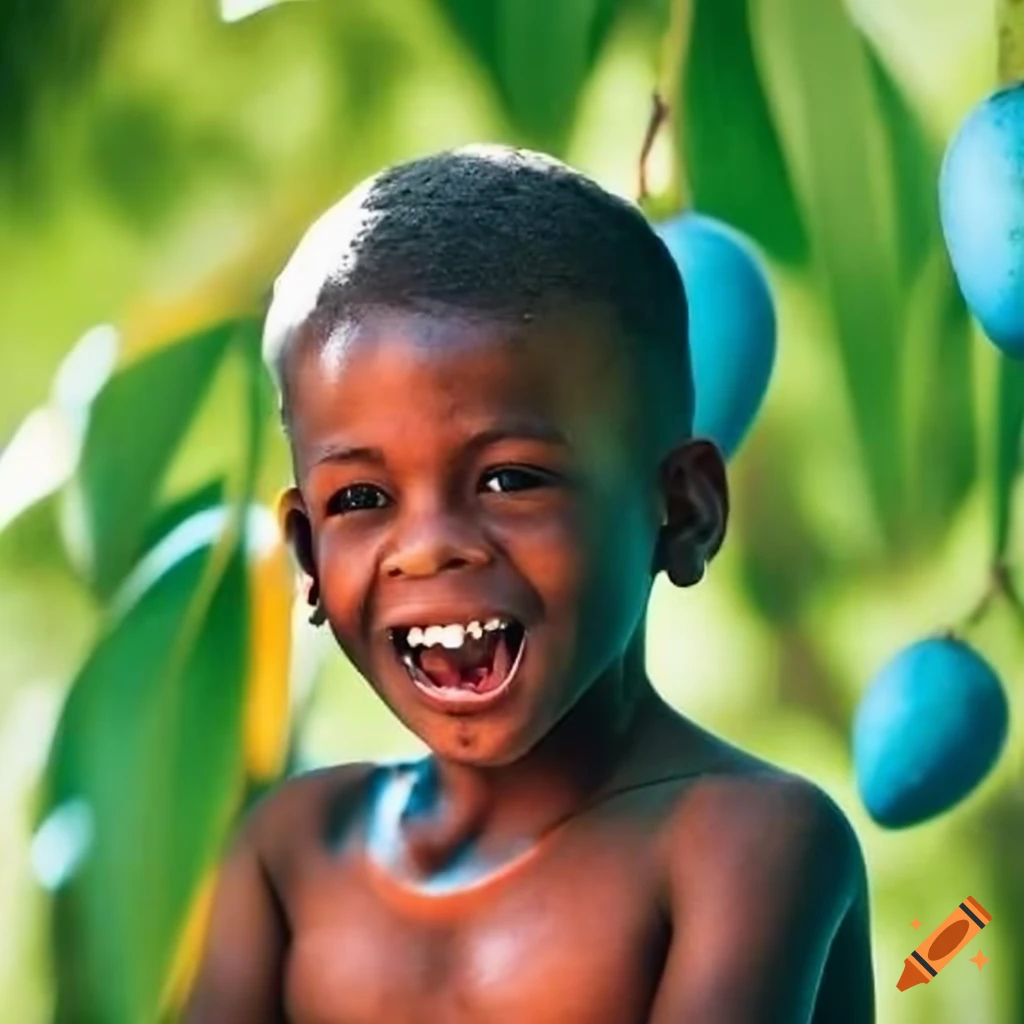 Joyful boy on a mango tree