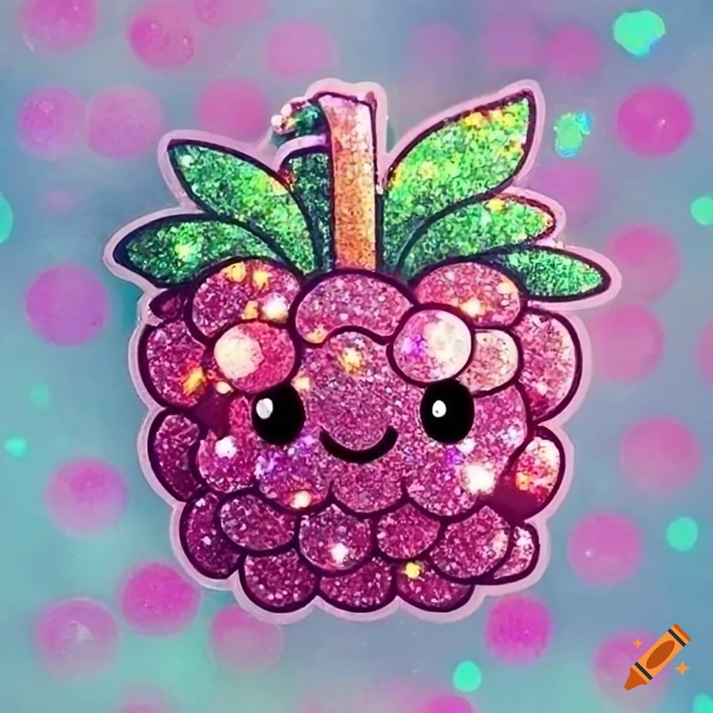 Sparkly kawaii raspberry sticker on a glitter background