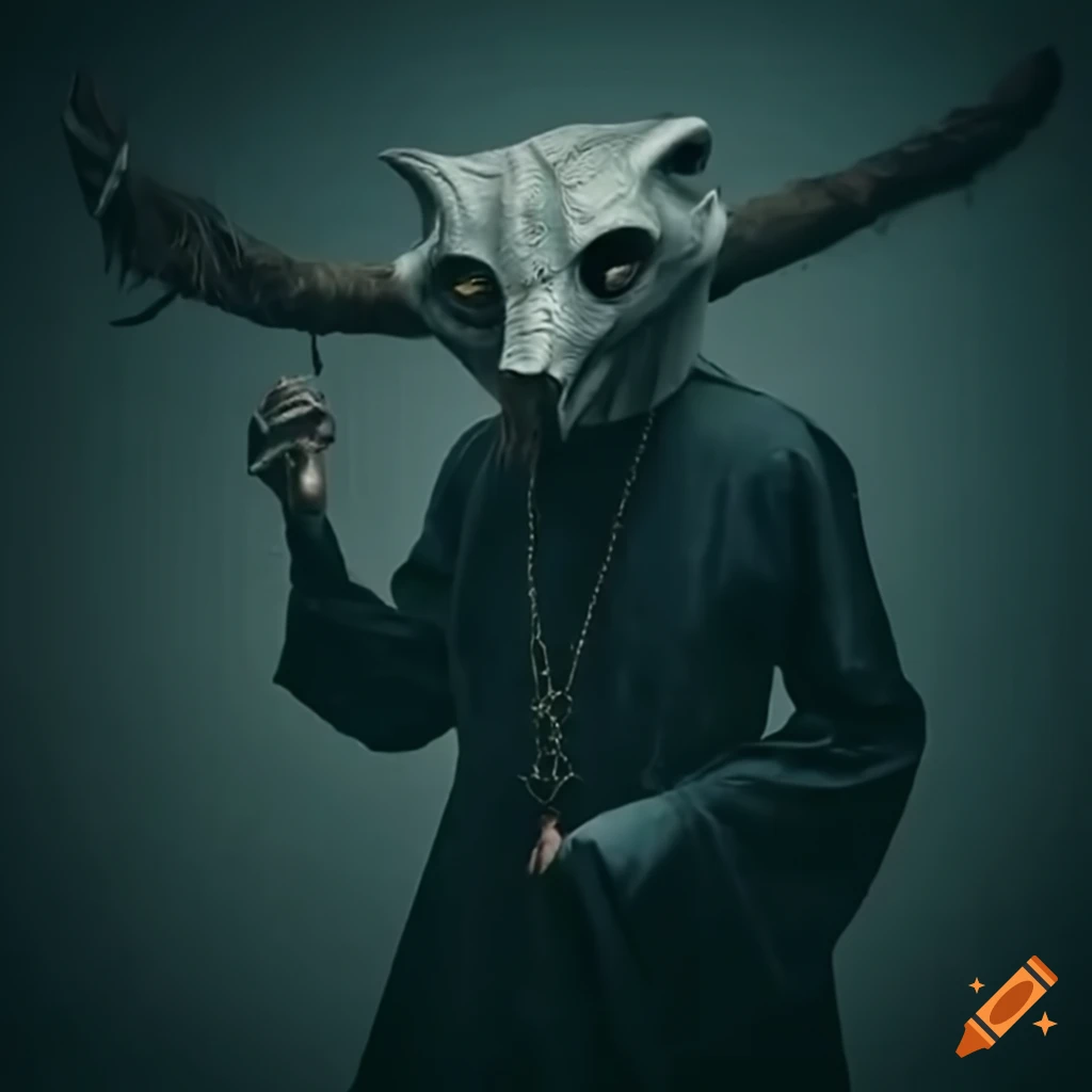 Surreal photo of a priest wearing an animal mask