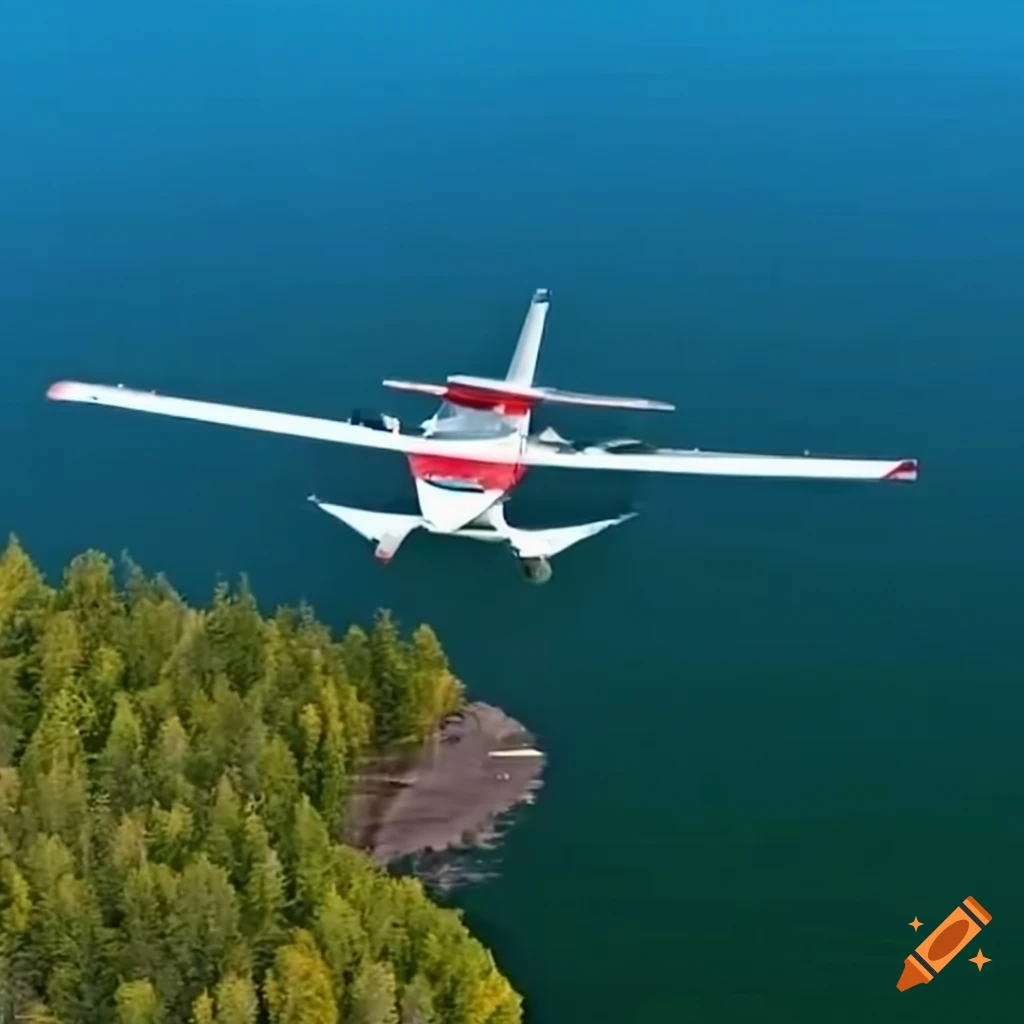 Cessna 182 flying over lake superior