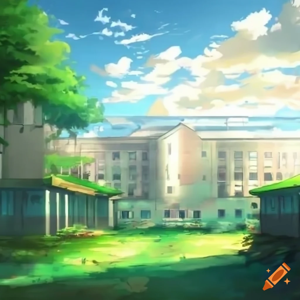 Illustration of anime style school grounds on Craiyon