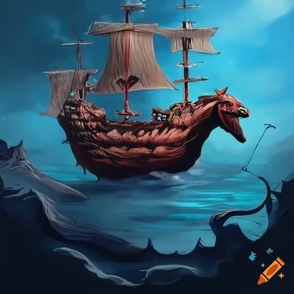 Illustration of a pirate ship with a horse monster on Craiyon