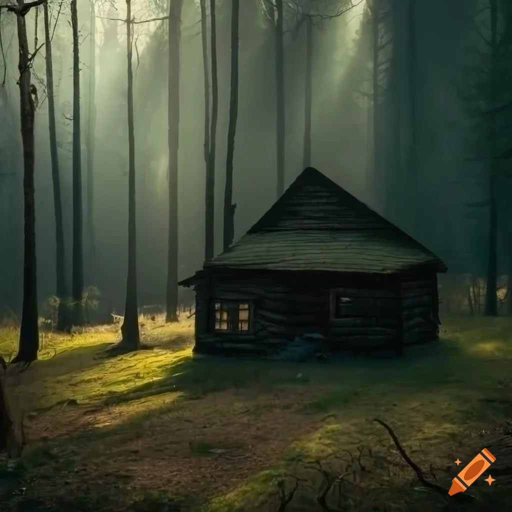 Dark ages style cabin in the forest under sun rays on Craiyon