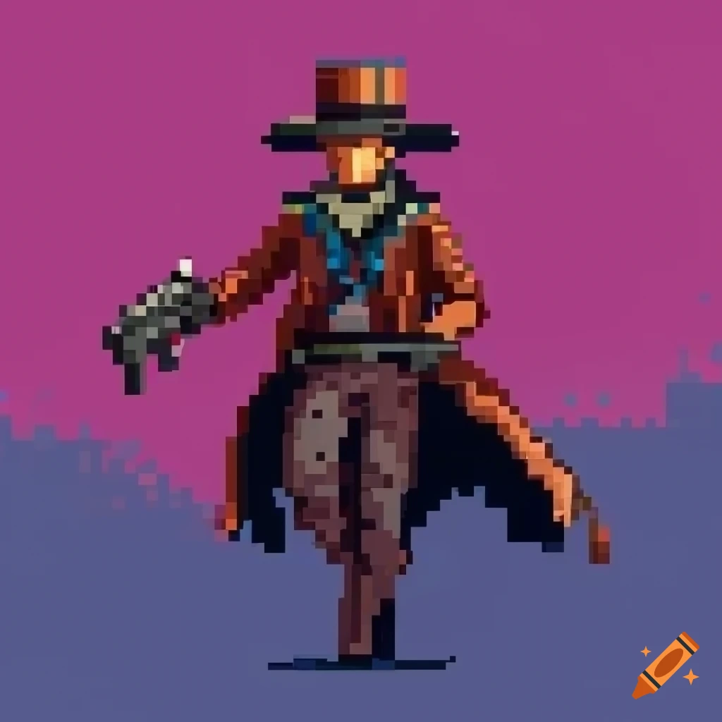 Pixel art of a colorful gunslinger in a fantastical world