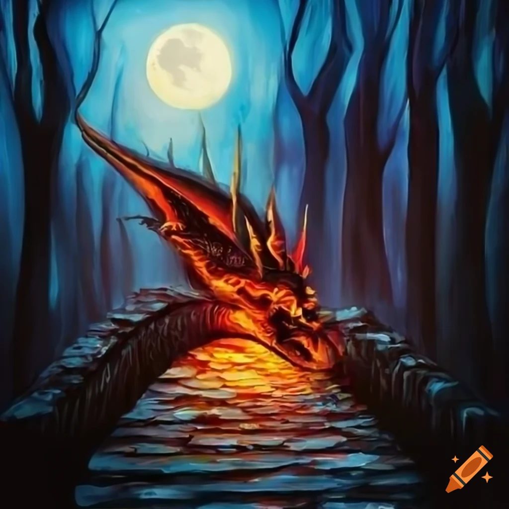 Abstract painting of a lava dragon on a stone bridge on Craiyon