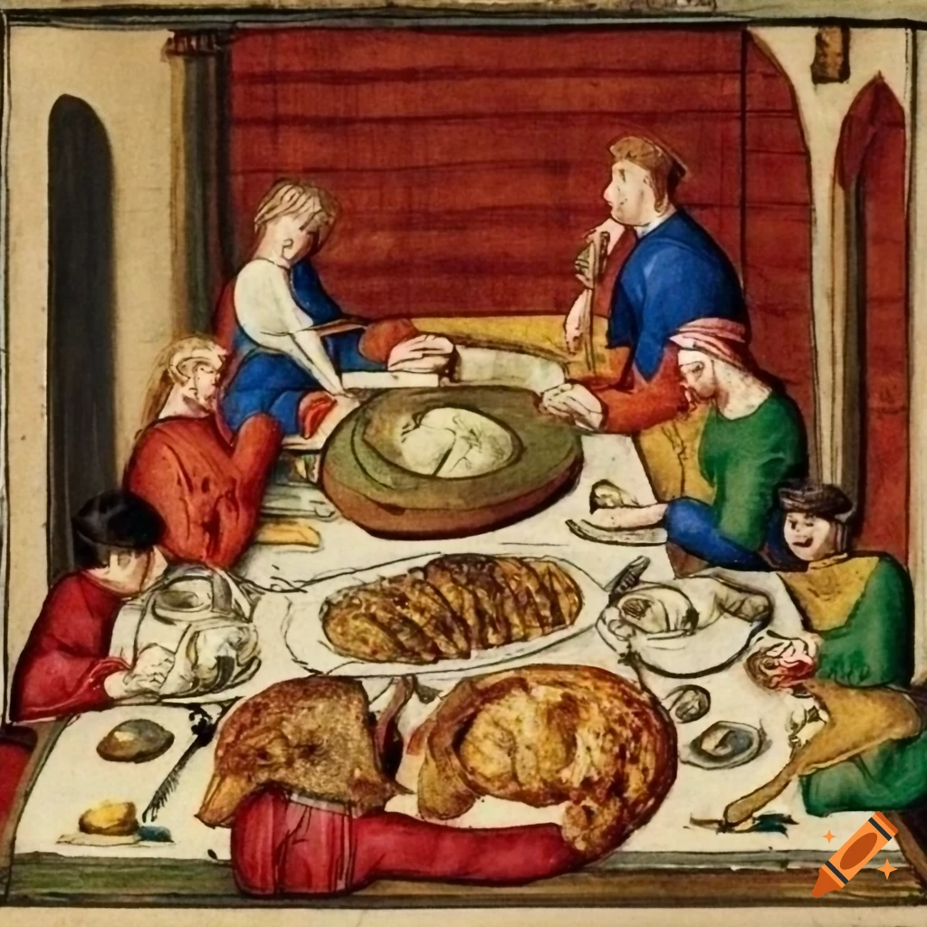 Medieval banquet with servers carrying trays of food on Craiyon