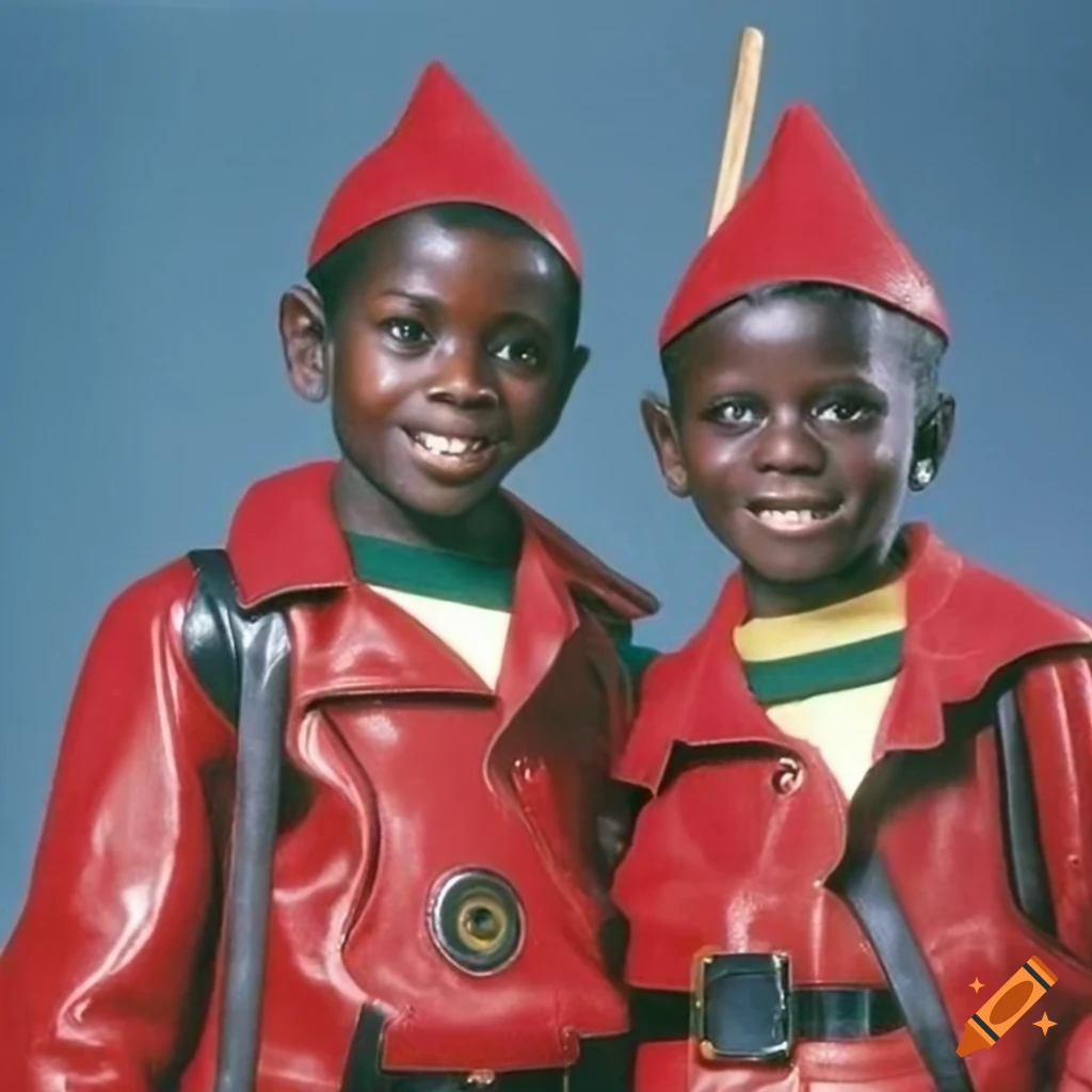 Photo of two boys in leather elf outfits