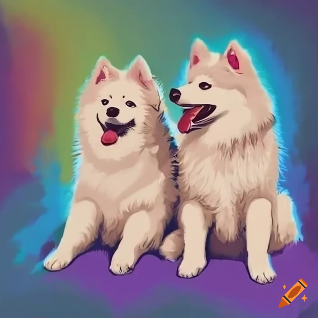 Two adorable samoyed dogs, one with a playful squint on Craiyon