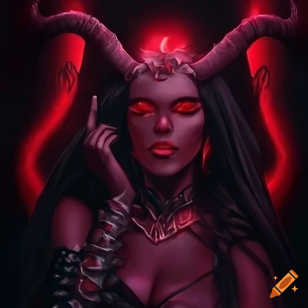 Artwork of a powerful female demon warlock