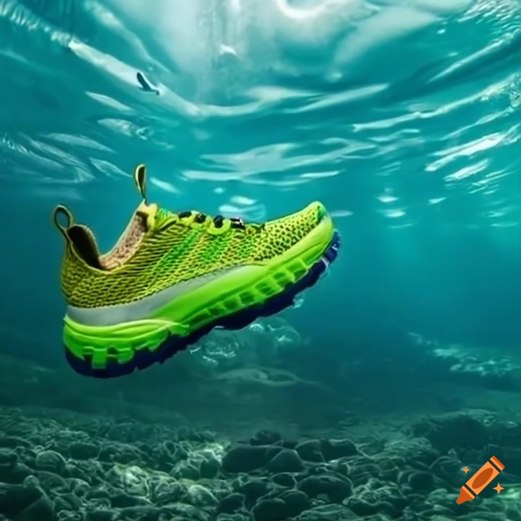 Green running shoes submerged in water
