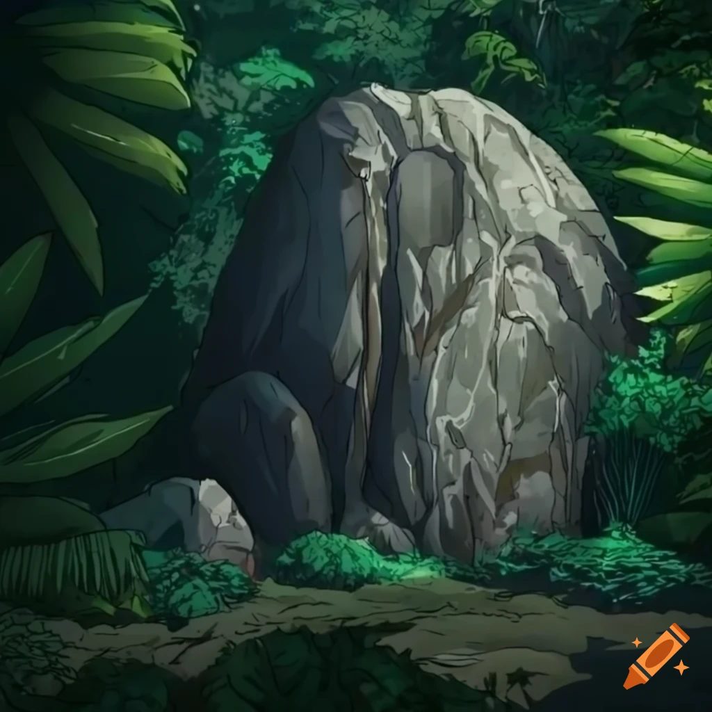 Manga-style rendering of a giant gray rock in a sunny forest
