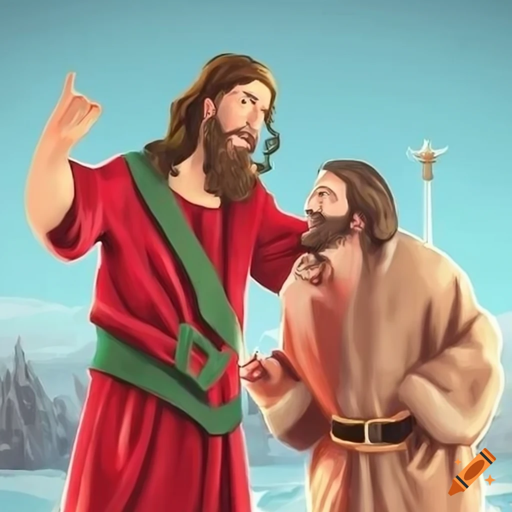 Funny artwork of jesus and santa having a playful fight