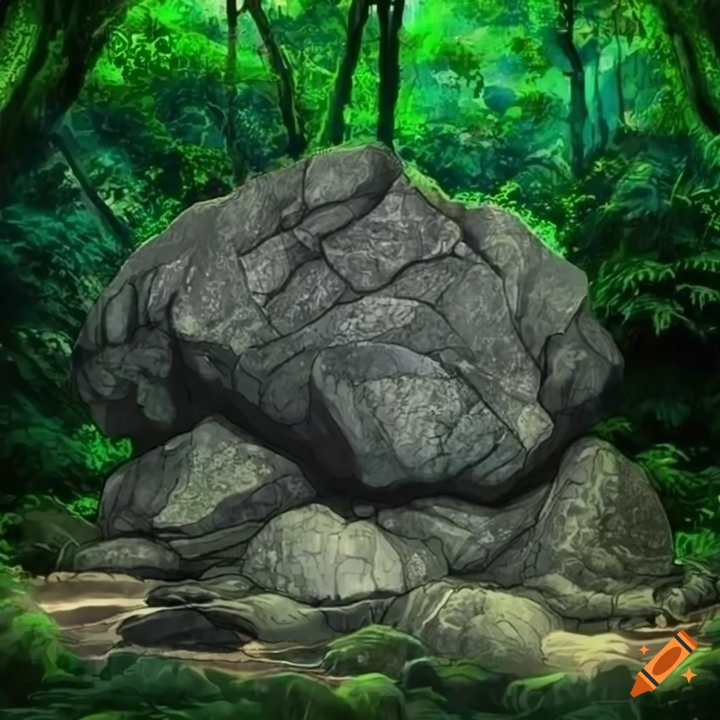 Shiny gray rock in a sunny rainforest on Craiyon