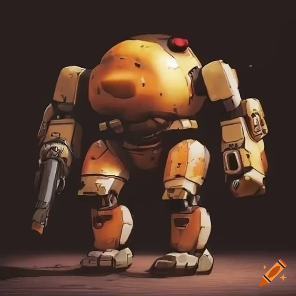 Illustration of a retro sci-fi potato mech suit