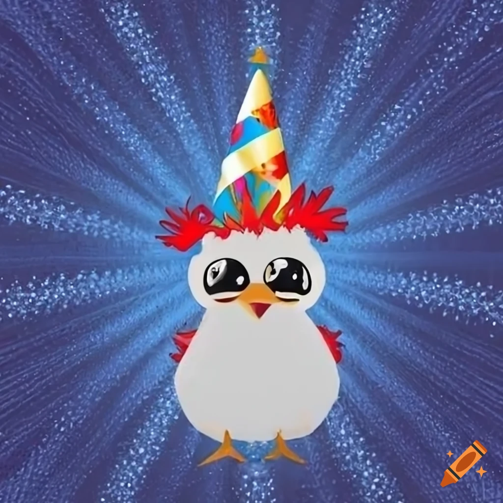 Chicken wearing a party hat in fireworks background