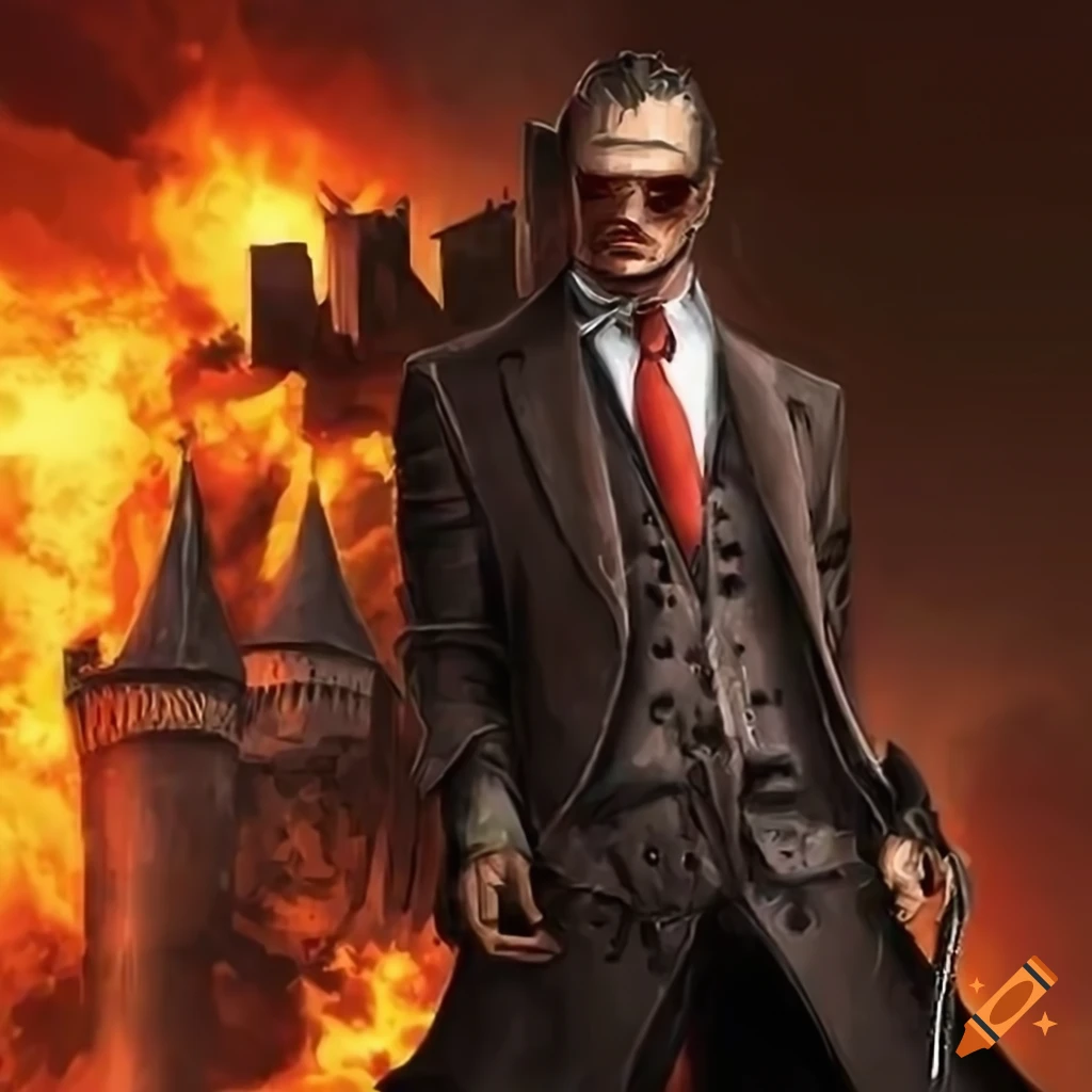 Fantasy character with sunglasses and sword, exploding castle on Craiyon