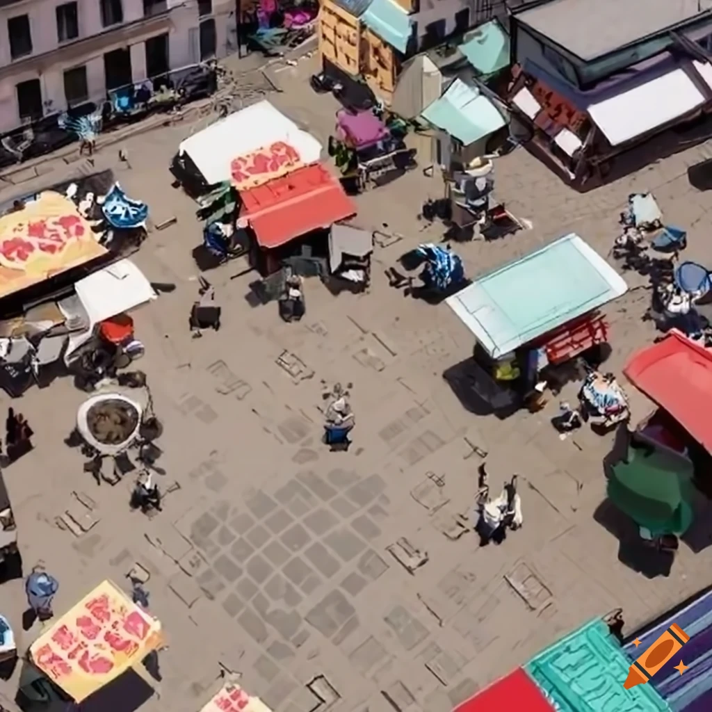 Top-down view of a market in town square