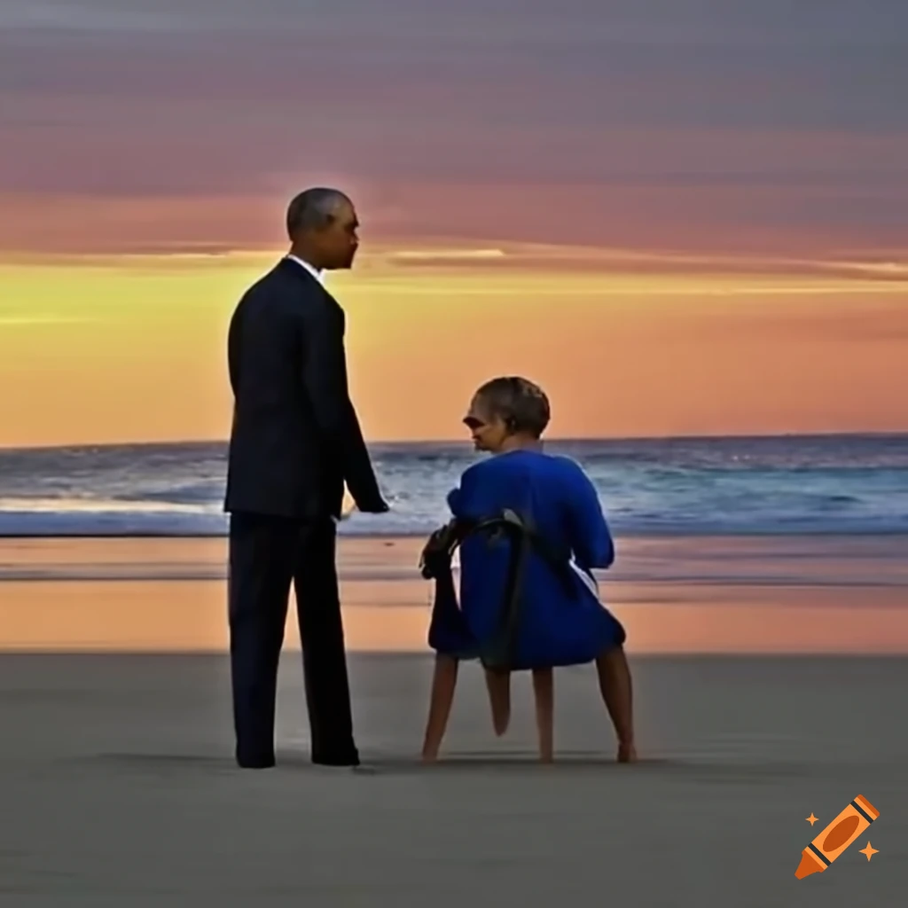Image of barack obama and donald trump at sunset on a beach