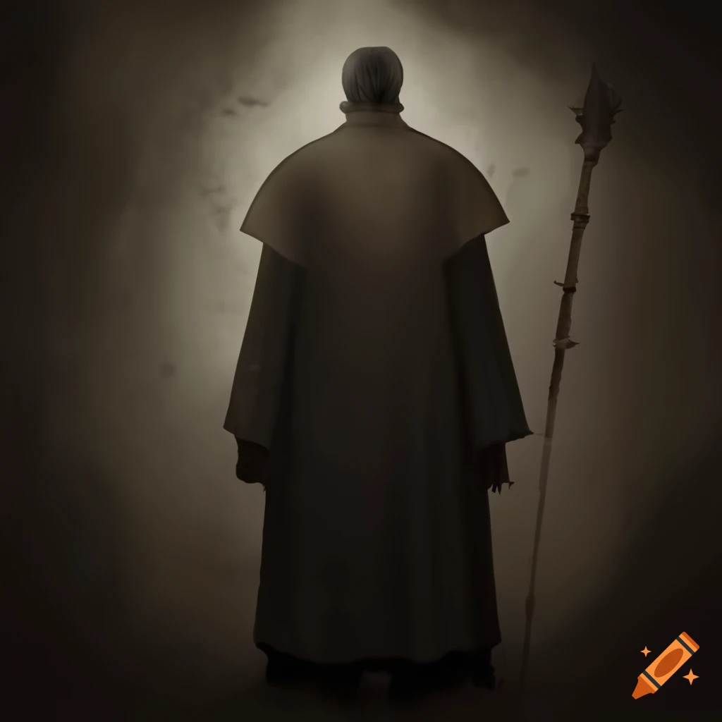 Artistic depiction of a priest with a staff in a smokey background