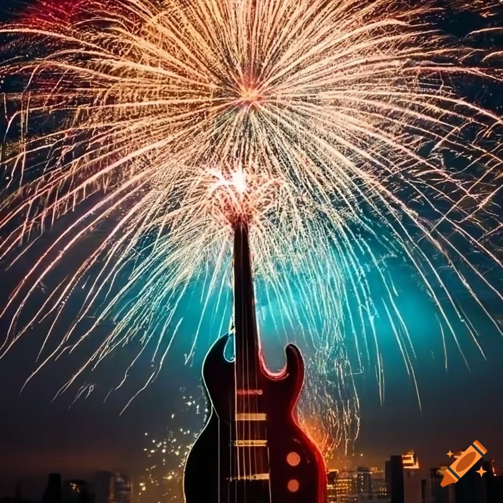 Rock'n'roll New Year greetings with guitar and fireworks on Craiyon