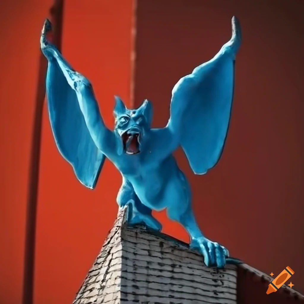 Abstract red and blue gargoyle on rooftop on Craiyon