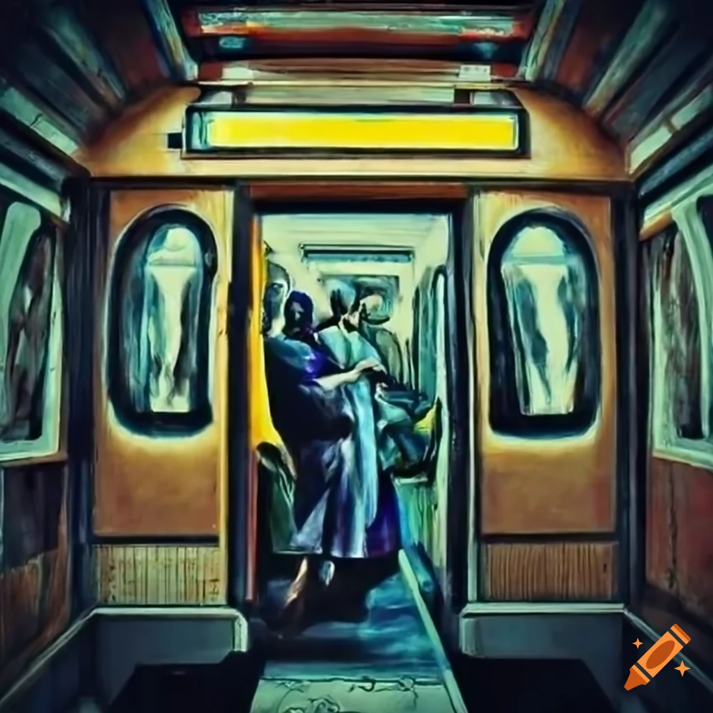 El greco style painting of people on a train in london on Craiyon