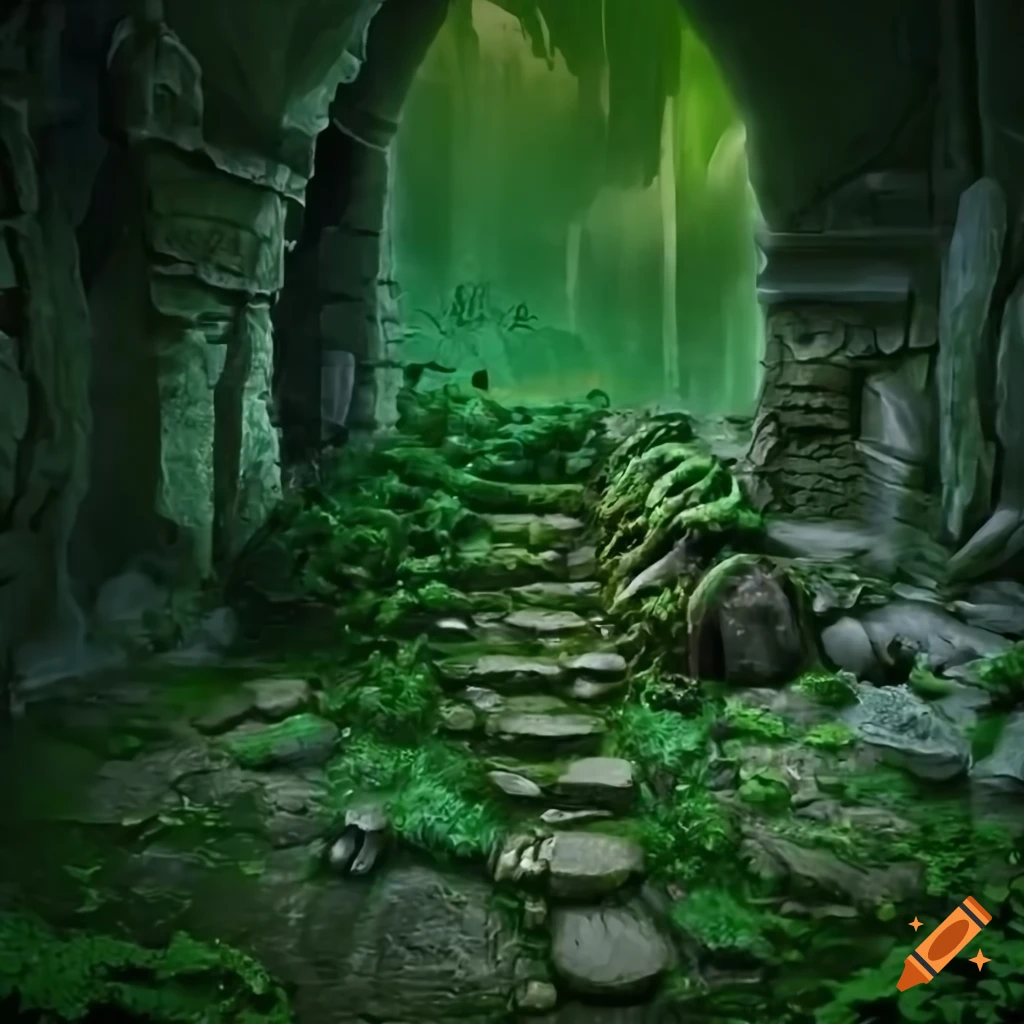 Dimly lit dungeon with vines and moss