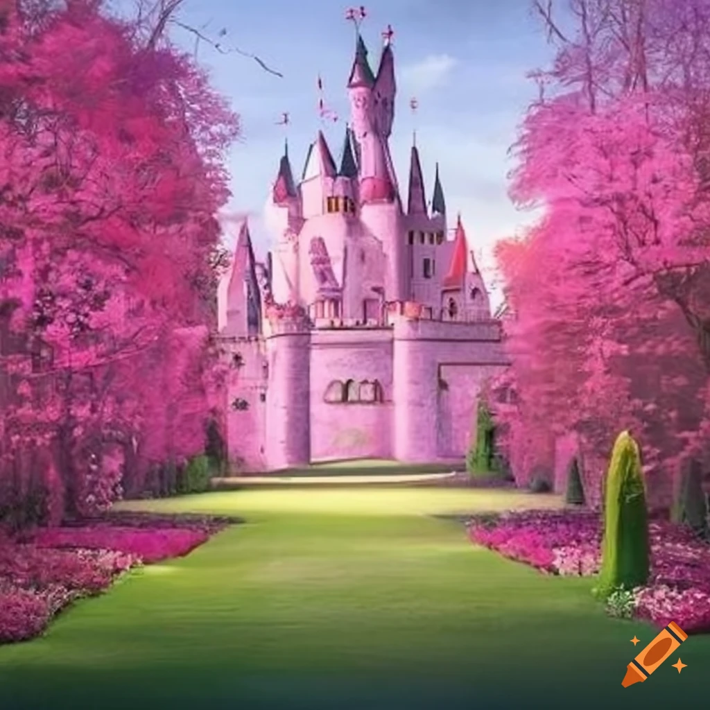Pink castle with a beautiful garden