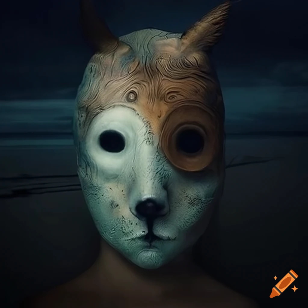 Mesmerizing art of a figure in animal mask in surreal scenery