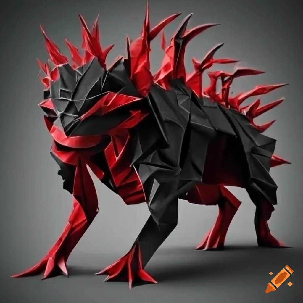 Realistic origami creature in black and red