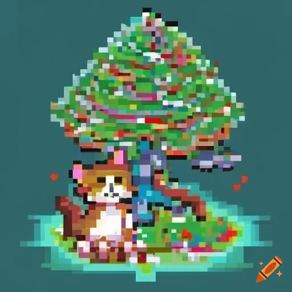 Pixel art of a Christmas tree with a cat climbing on it on Craiyon
