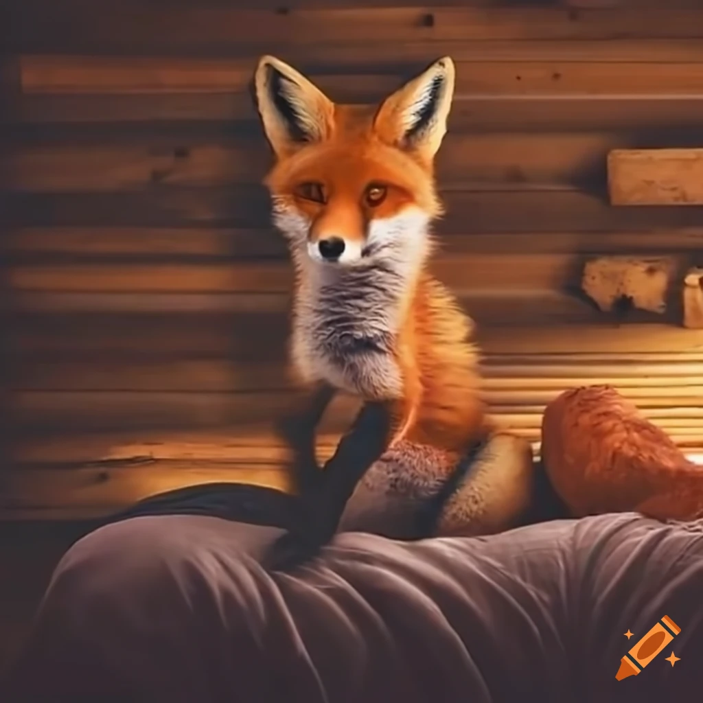 A fox jumping on a bed in a cozy log cabin room on Craiyon
