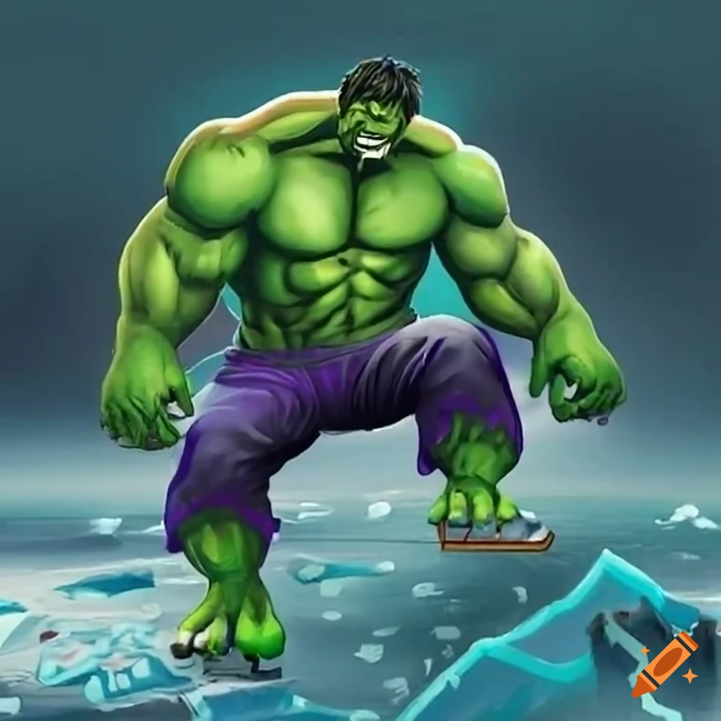 Incredible hulk ice-skating on a cracked frozen lake on Craiyon