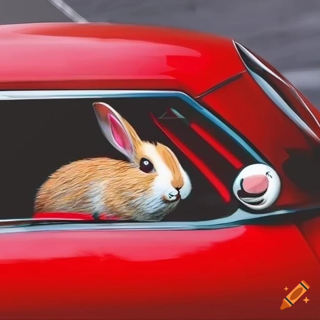 Illustration of a rabbit driving a red convertible sports car