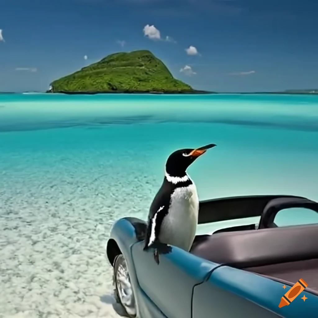 Penguin driving a convertible car on a tropical island on Craiyon