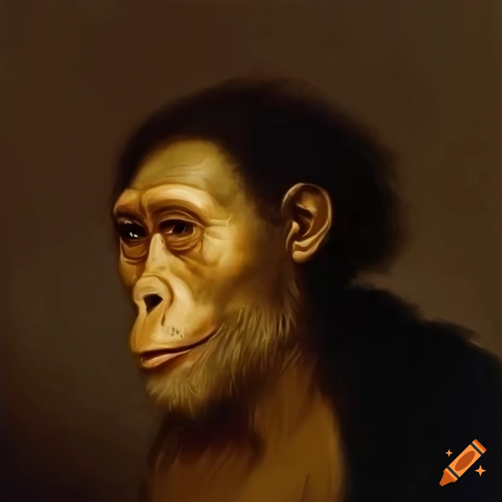 Portrait painting of australopithecus with high contrast background