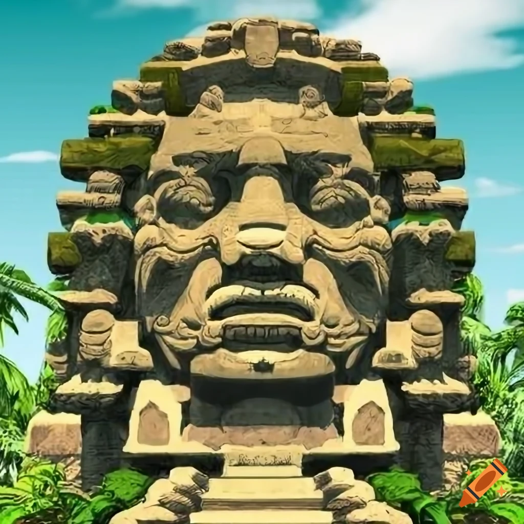 Manga-style stone aztec head in a tropical forest