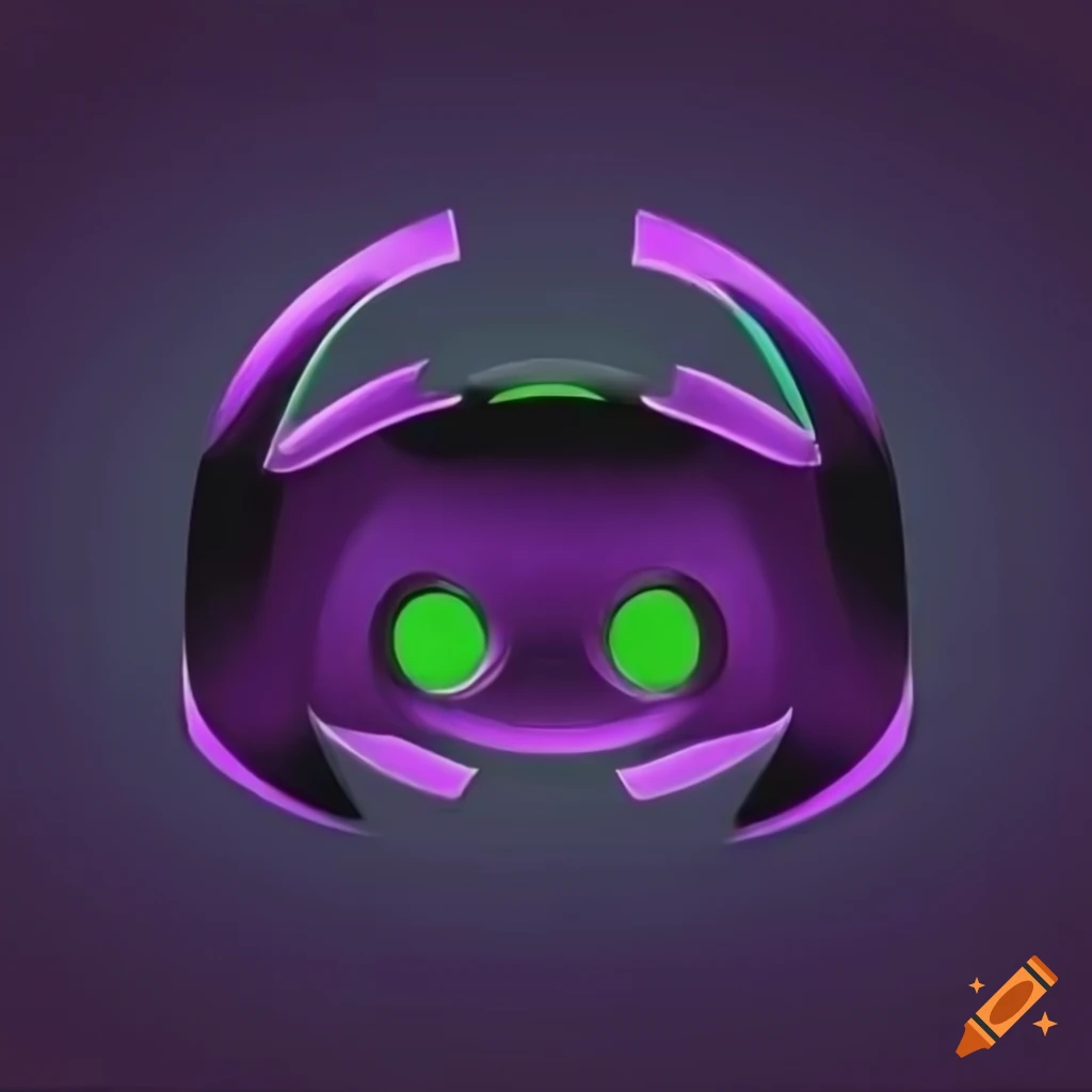 Purple discord logo with green horns and sharp teeth on Craiyon
