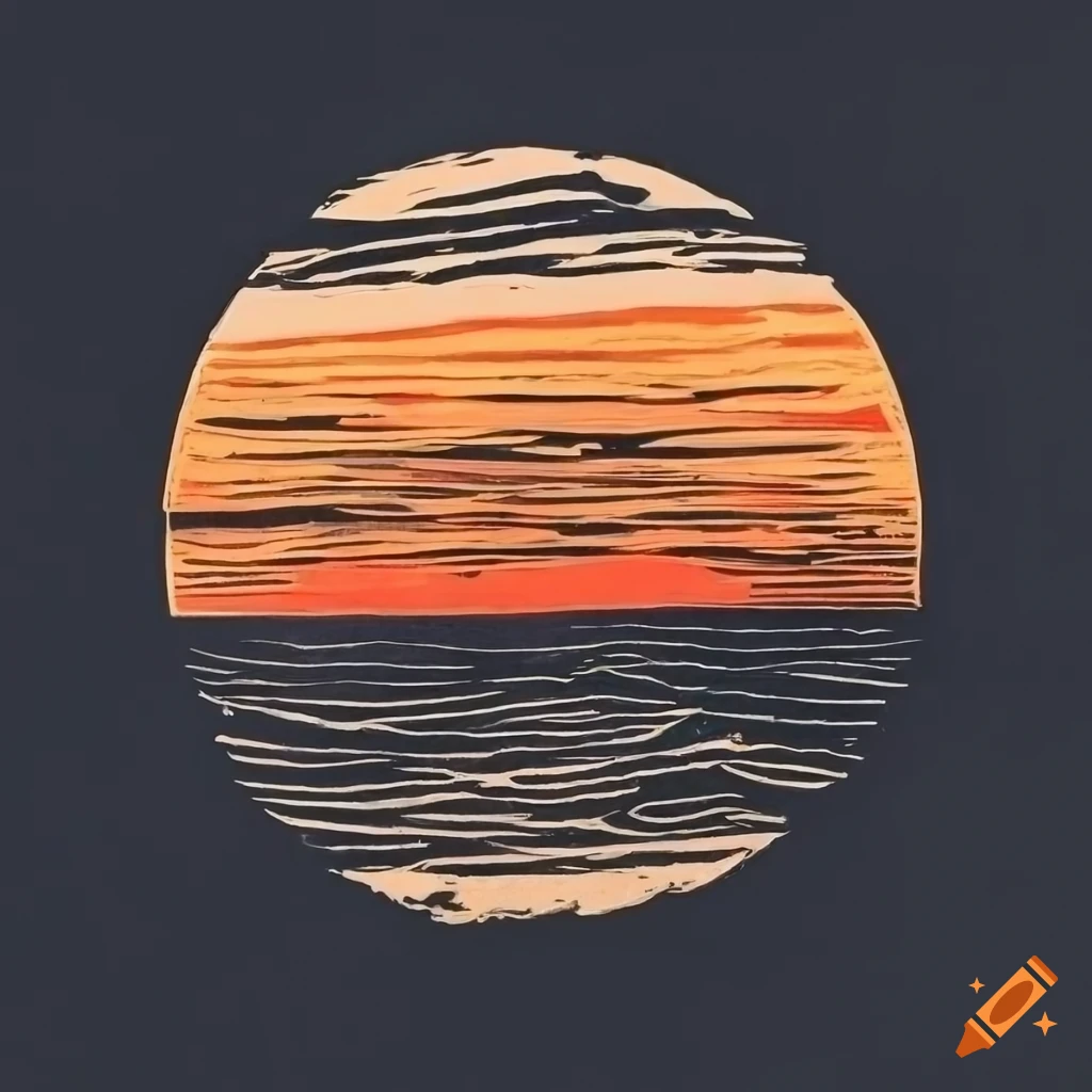 Black and white linocut print of a radiant sunset