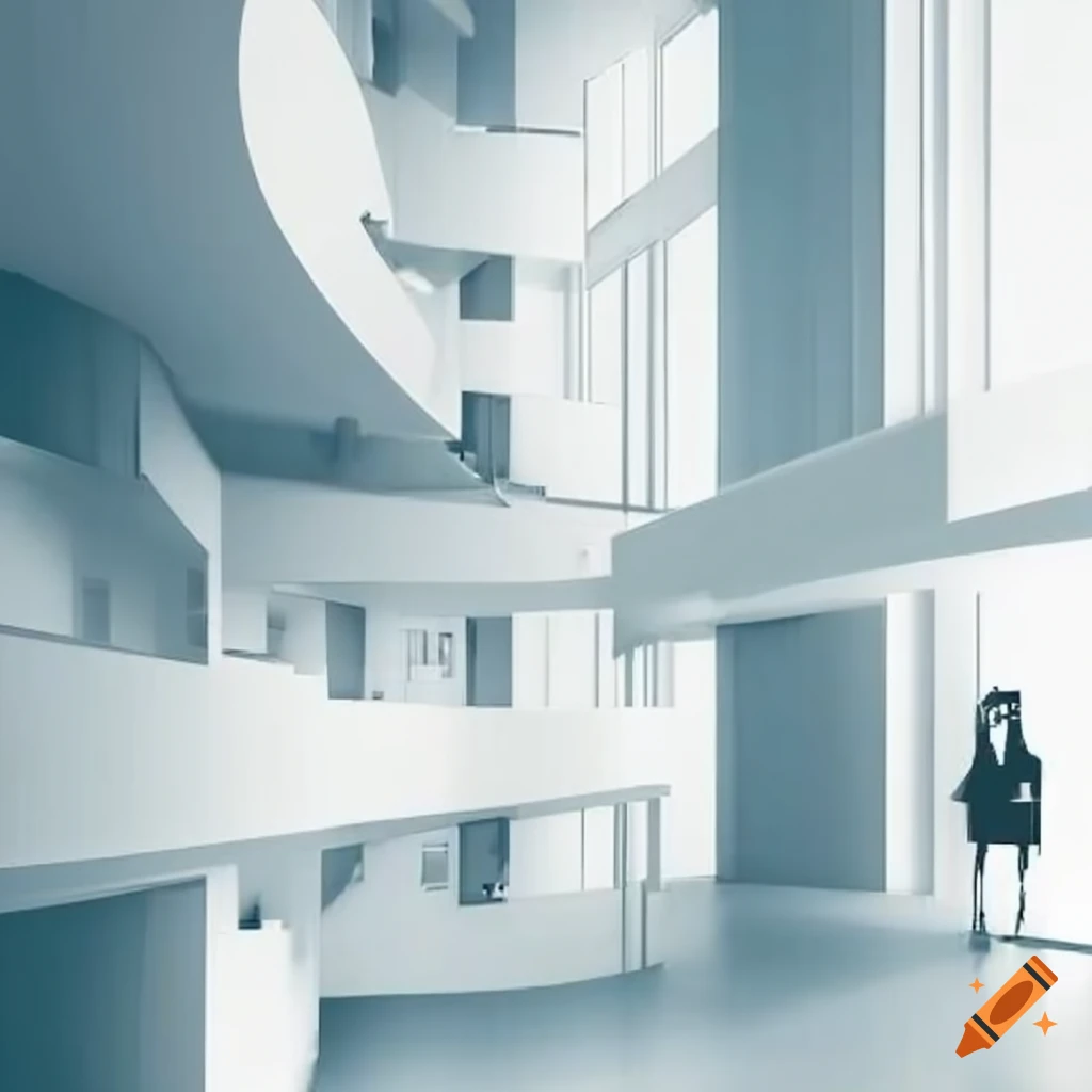 Building design with flowing floor plan and sections on Craiyon