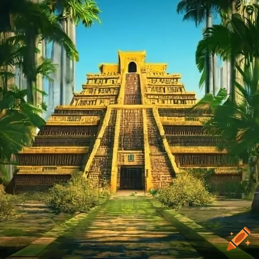 3d rendering of a yellow aztec temple in the jungle