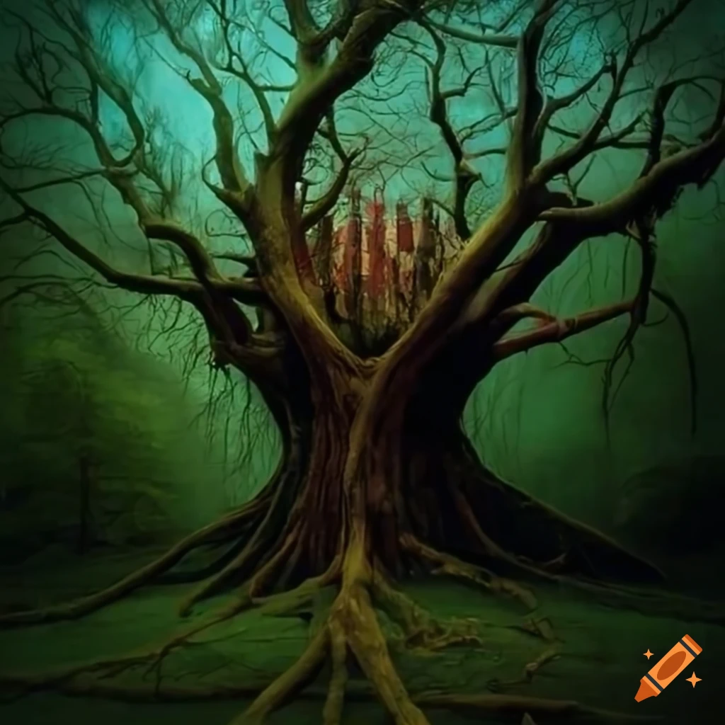 Artistic depiction of a tree with demonic creatures