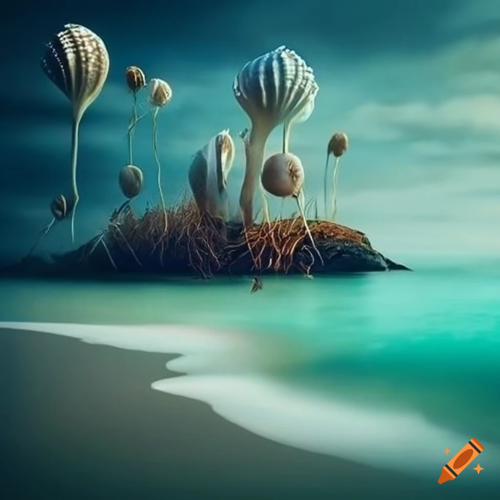 Surreal beach with sea shells, exotic flowers, and surreal waves on Craiyon