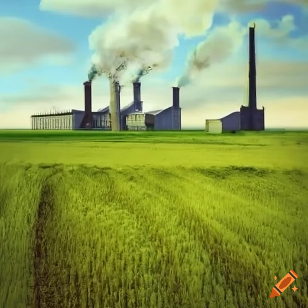 Field with a factory in the background