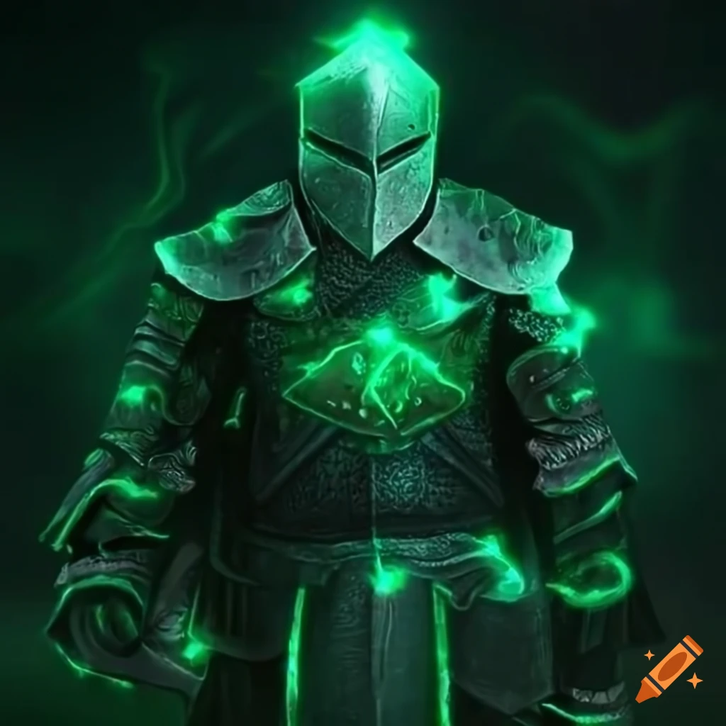 Image of a knight with glowing magical runes on his armor on Craiyon
