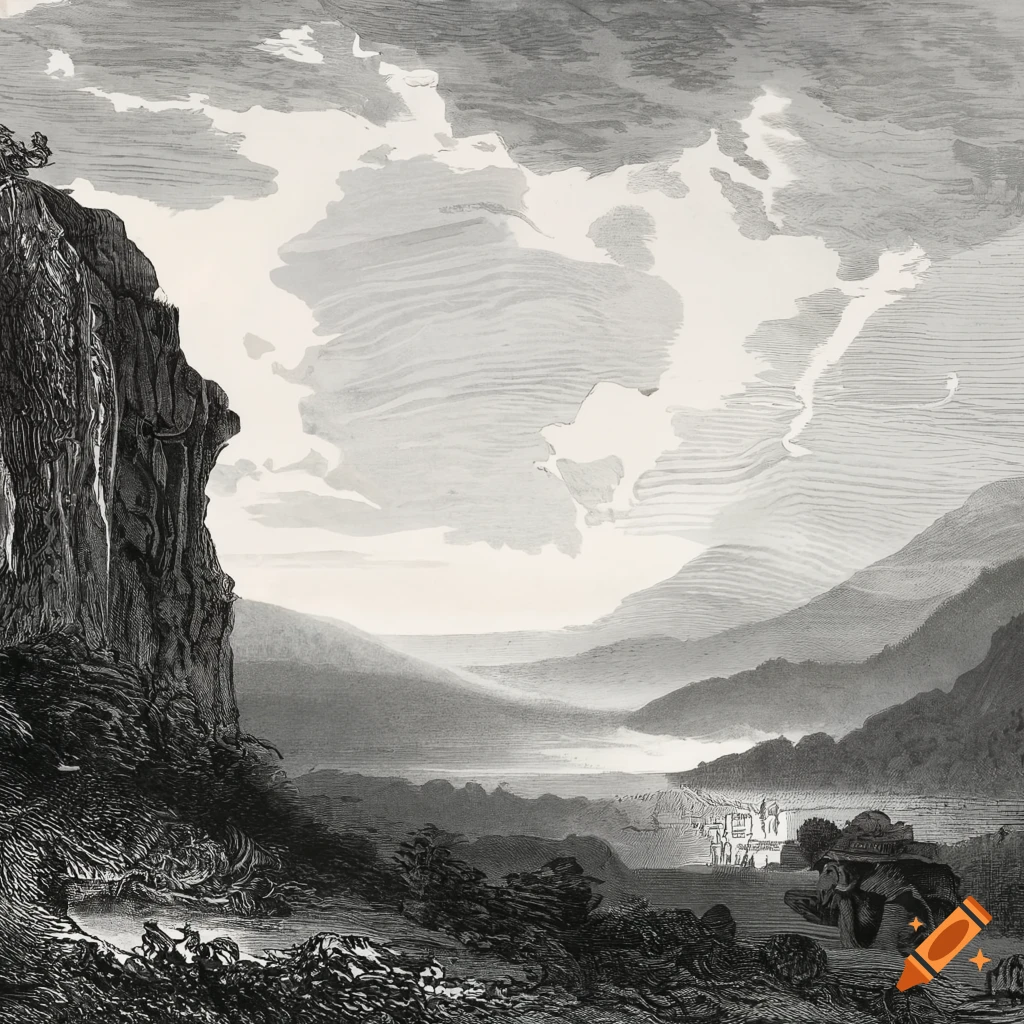 19th century engraving of a landscape with a cliff and valley on Craiyon